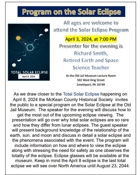 McKean County Historical Society Program on the Solar Eclipse Happening ...
