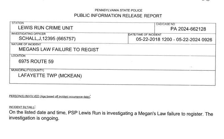 Lewis Run PSP Investigating Megans Law Violation In Lafayette Twp ...