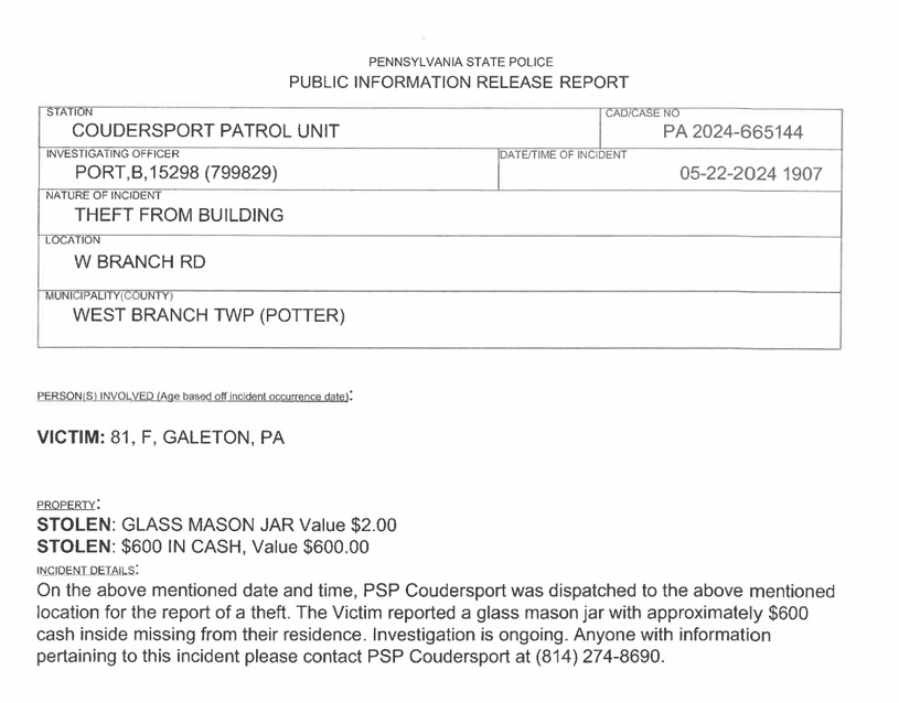 Coudersport PSP Investigating A Theft Fro A Building In West Branch Twp ...