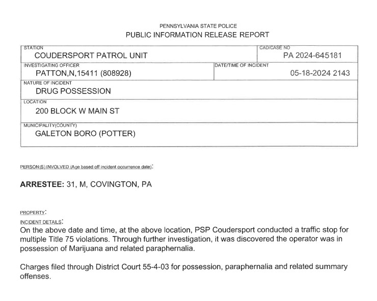 Drug Possession Arrest In Galeton Borough – Solomon's Words for the Wise