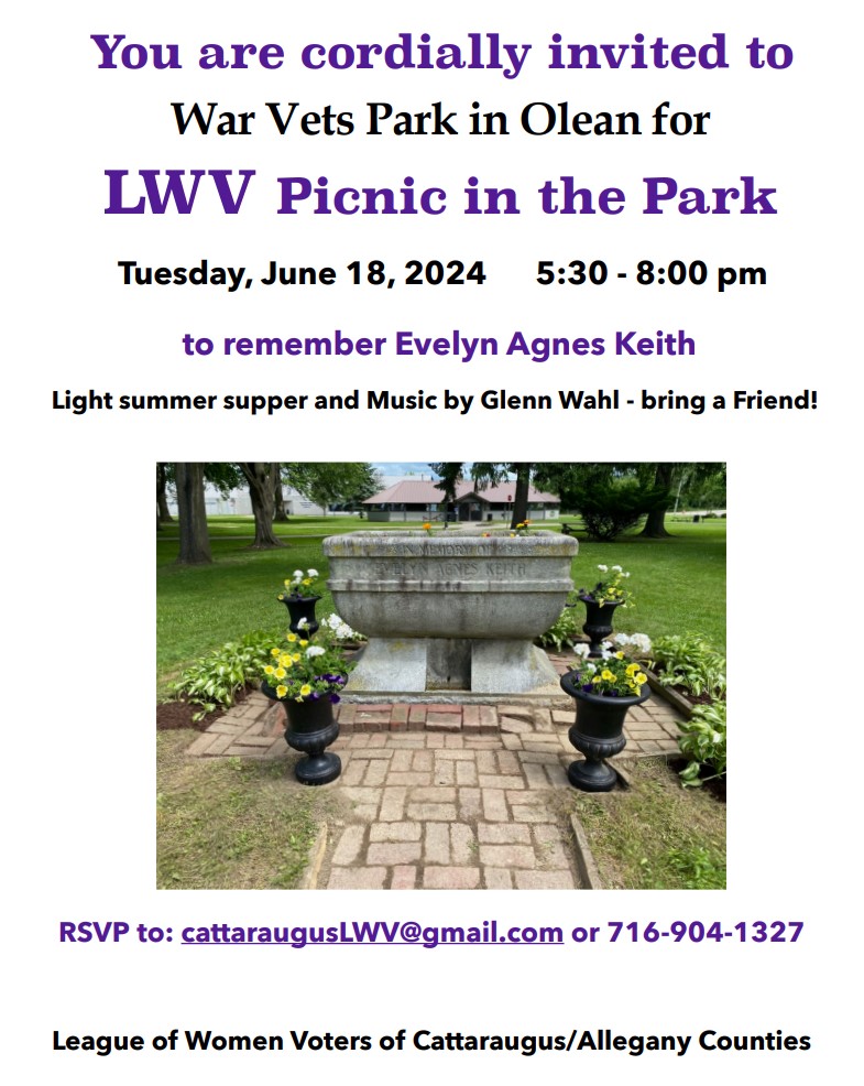 The League of Women Voters Picnic in War Vets’ Park Pavilion in Olean – Solomon's Words for the Wise