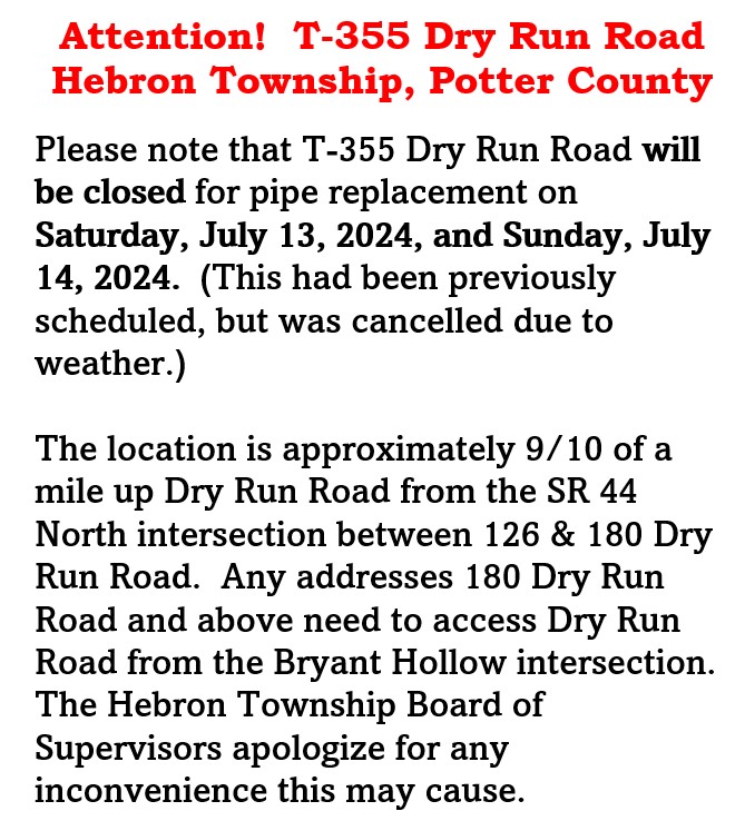 Dry Run Road Will Be Closed July 13th & 14th – Solomon's Words for the Wise