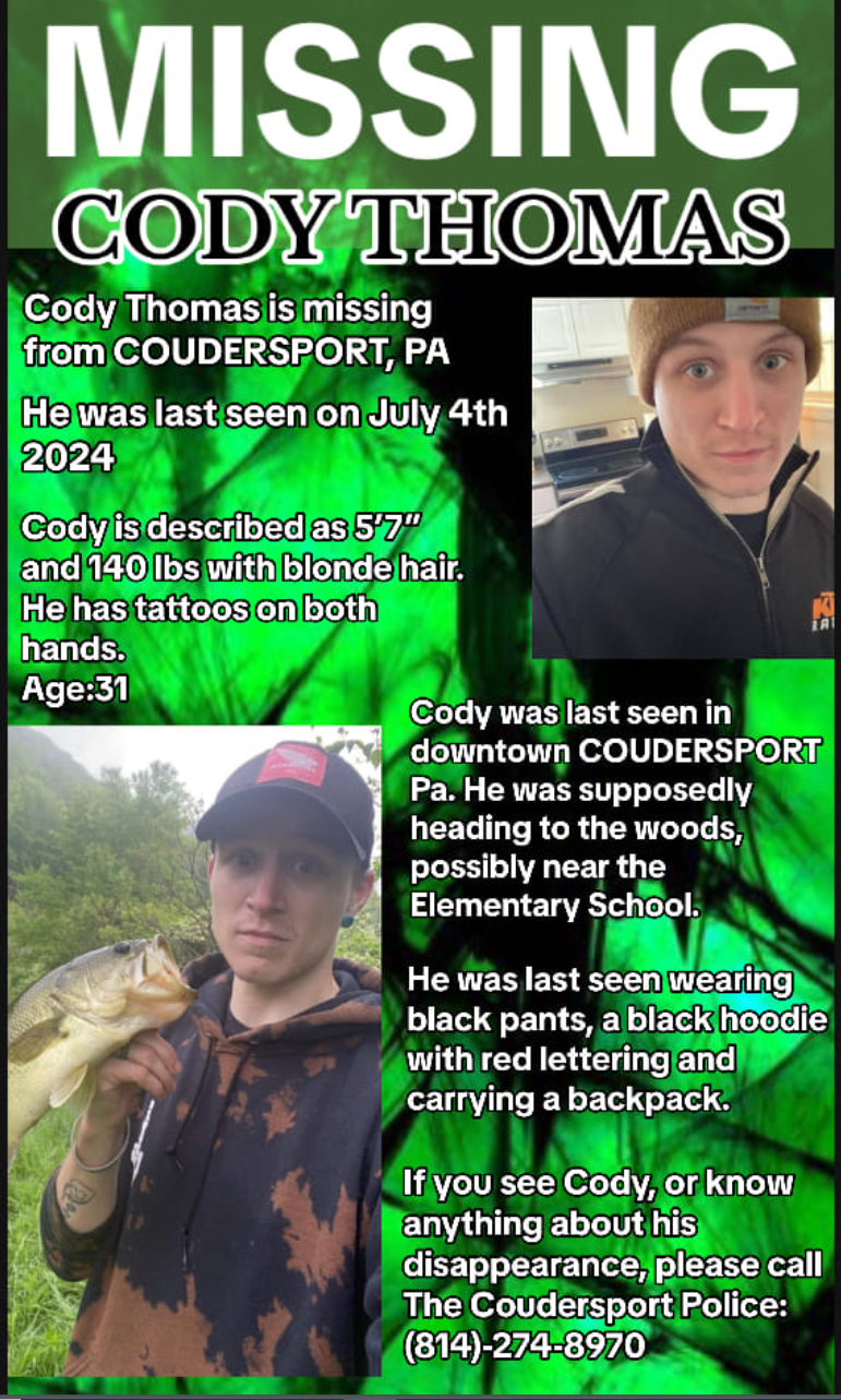 Monday Afternoon Update: Cody Thomas Is Still Missing From Coudersport, PA – Solomon's Words for ...