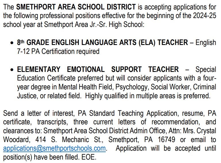 Smethport Area School District Is Hiring – Solomon's Words for the Wise