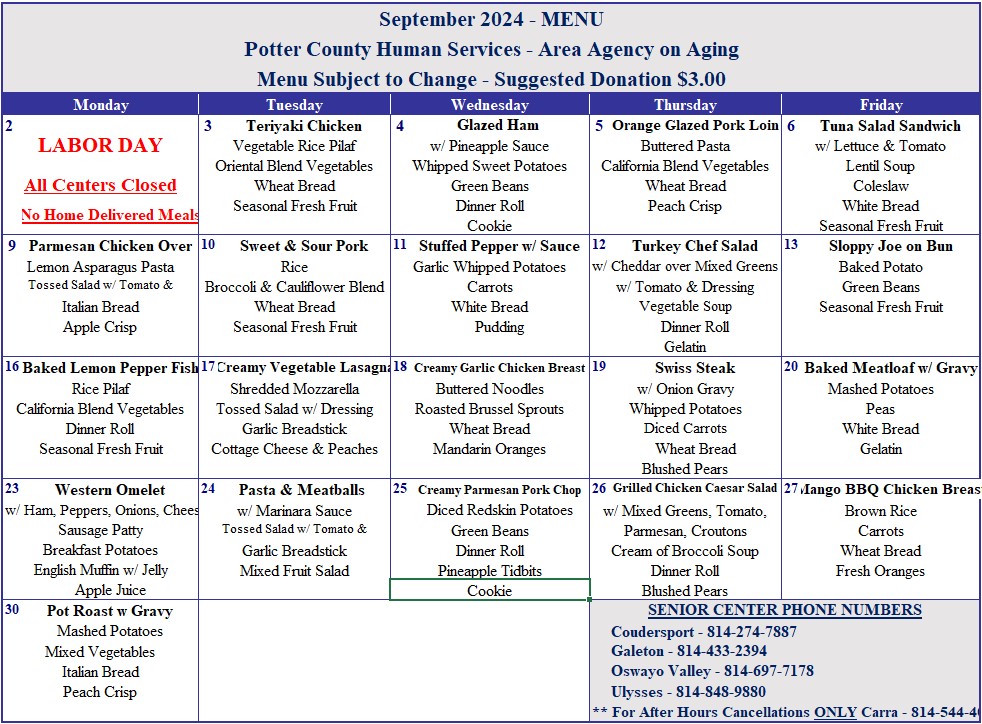 September Menu and Bulletin for Potter County Senior Centers – Solomon ...