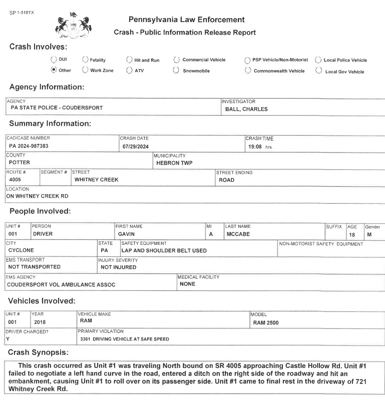 No Injuries In One Vehicle Crash On Whitney Creek Rd. In Hebron Twp ...