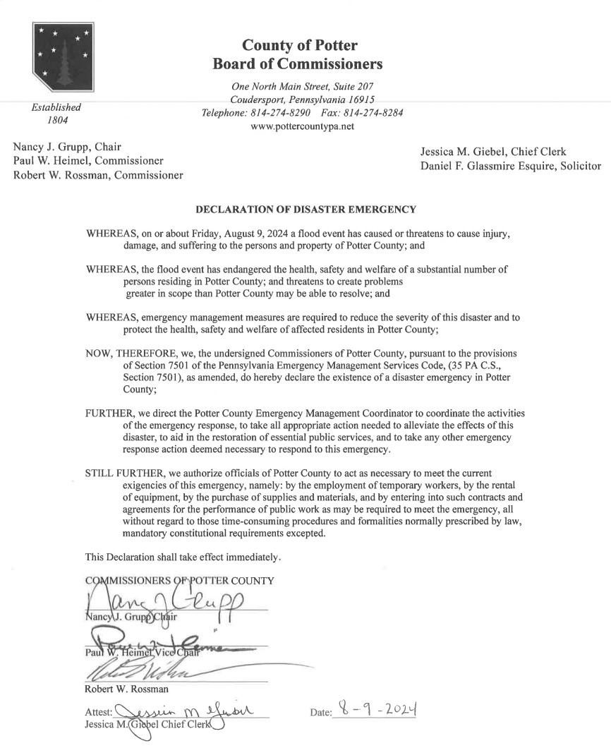 Potter County Commissioners Declaration Of Disaster – Solomon's Words ...