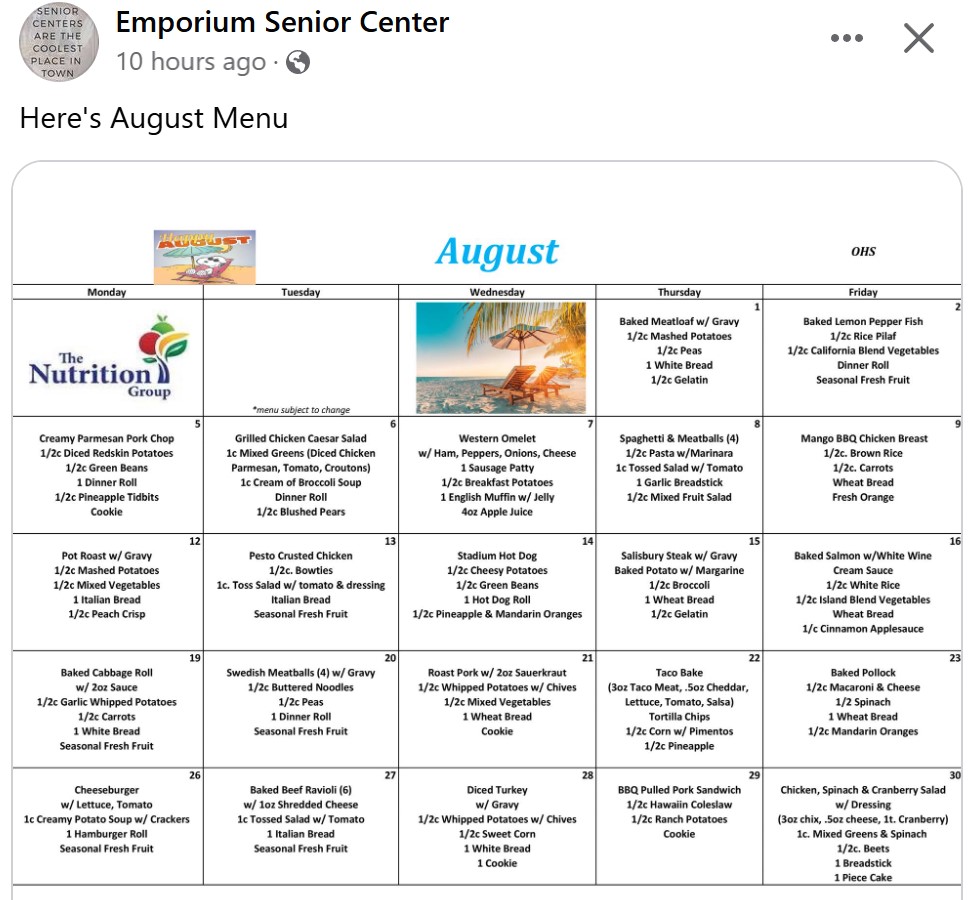 Emporium Senior Center Menu For August 2024 – Solomon's Words for the Wise