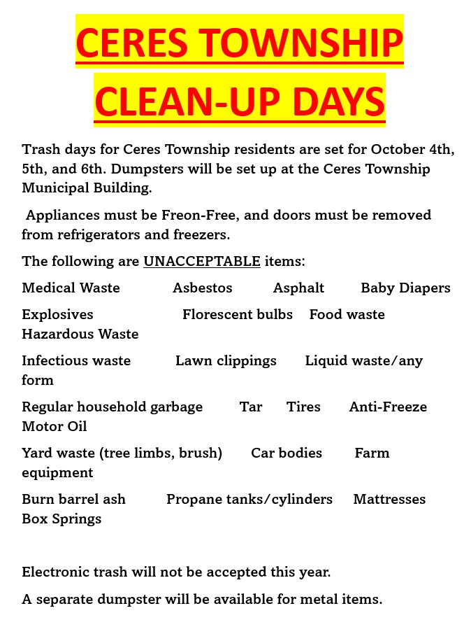 Ceres Township Clean-Up Days October 4,5, And 6th – Solomon's Words for the Wise