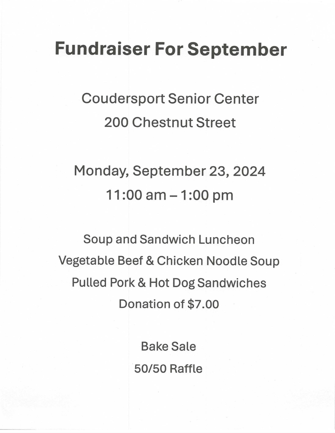 Coudersport Senior Center Fundraiser September 23rd – Solomon's Words ...
