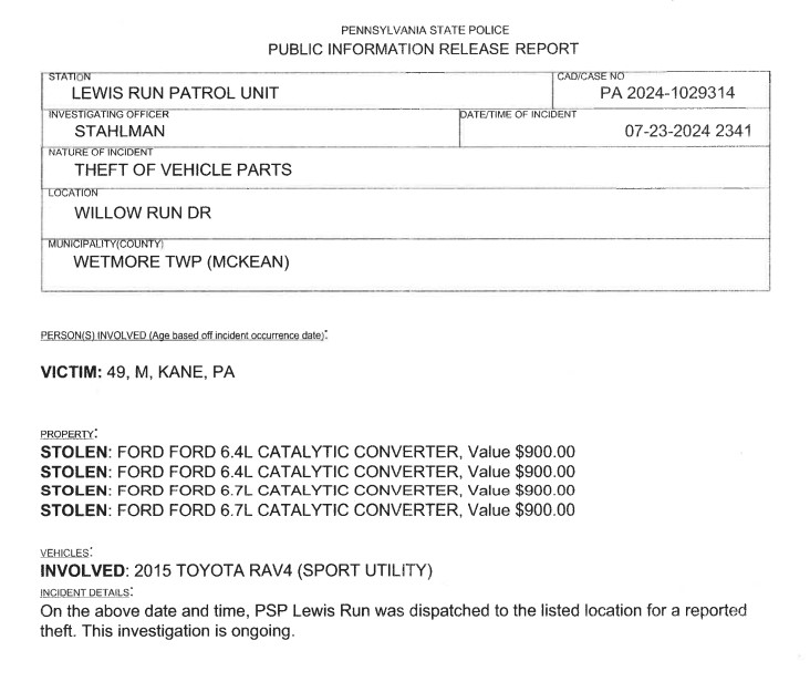 Lewis Run PSP Investigating Catalytic Converter Thefts In Wetmore Twp ...