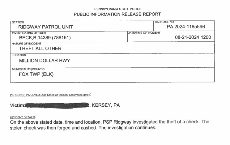 Ridgway PSP Investigating A Stolen Check In Fox Twp. – Solomon's Words ...