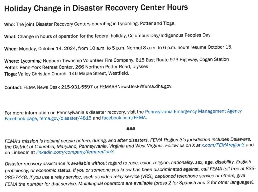 Disaster Recovery Center Holiday Hours – Solomon's Words for the Wise