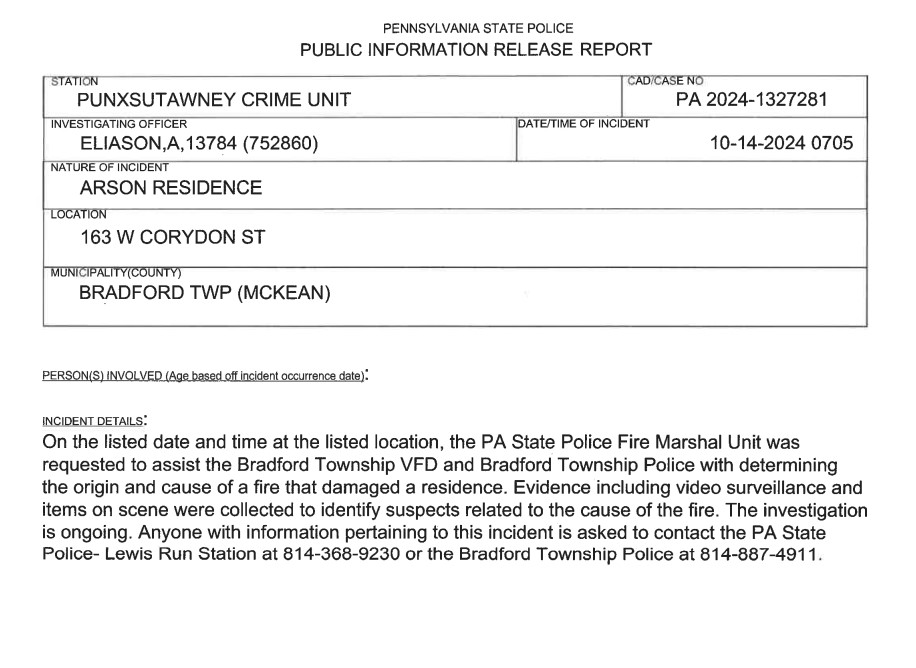 Lewis Run PSP Seeking Information For An Arson Investigation In ...