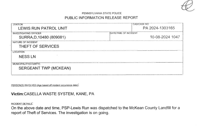 Lewis Run PSP Investigating Theft Of Services In Sergeant Twp ...