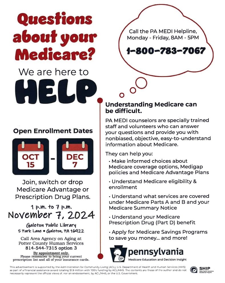 Medicare Open Enrollment Help At The Galeton Public Library November ...