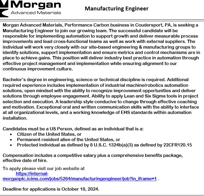 Morgan Advanced Materials Seeking Manufacturing Engineer – Solomon's ...