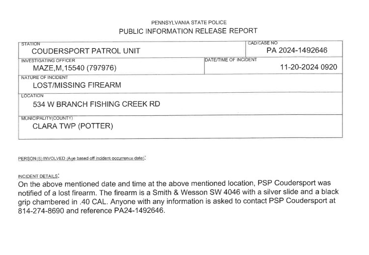 Coudersport PSP Seeking Information For A Lost Firearm In Clara Twp. – Solomon's Words for the Wise