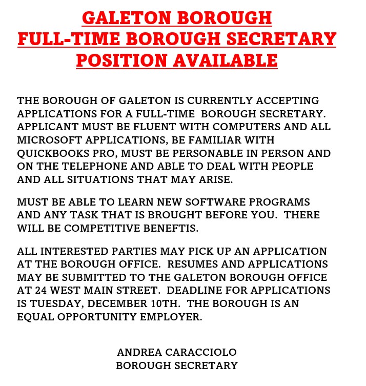 Galeton Borough Is Seeking Full-Time Secretary – Solomon's Words for ...