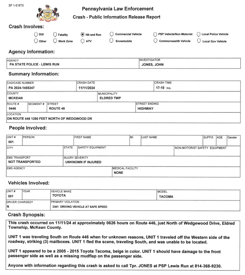 Lewis Run PSP Seeking Information For Hit And Run Crash On Rt. 46 In ...