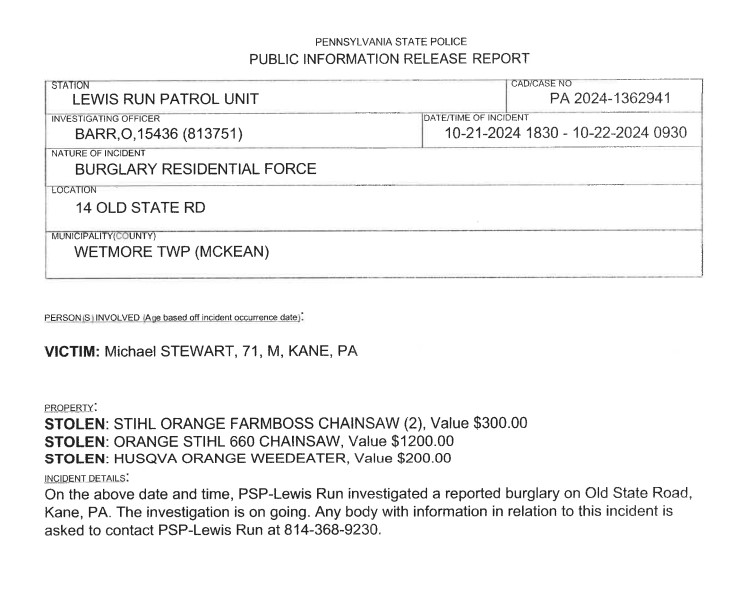 Lewis Run PSP Seeking Information for Burglary In Wetmore Twp ...