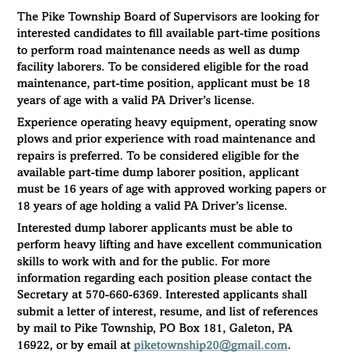 Pike Twp. Board Of Supervisors Is Hiring Part-Time Positions – Solomon ...
