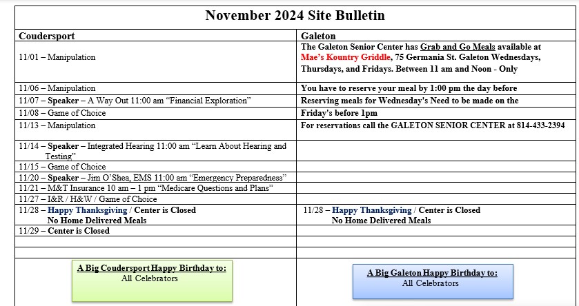 SENIOR CENTER MENUS AND ACTIVITIES – Solomon's Words for the Wise