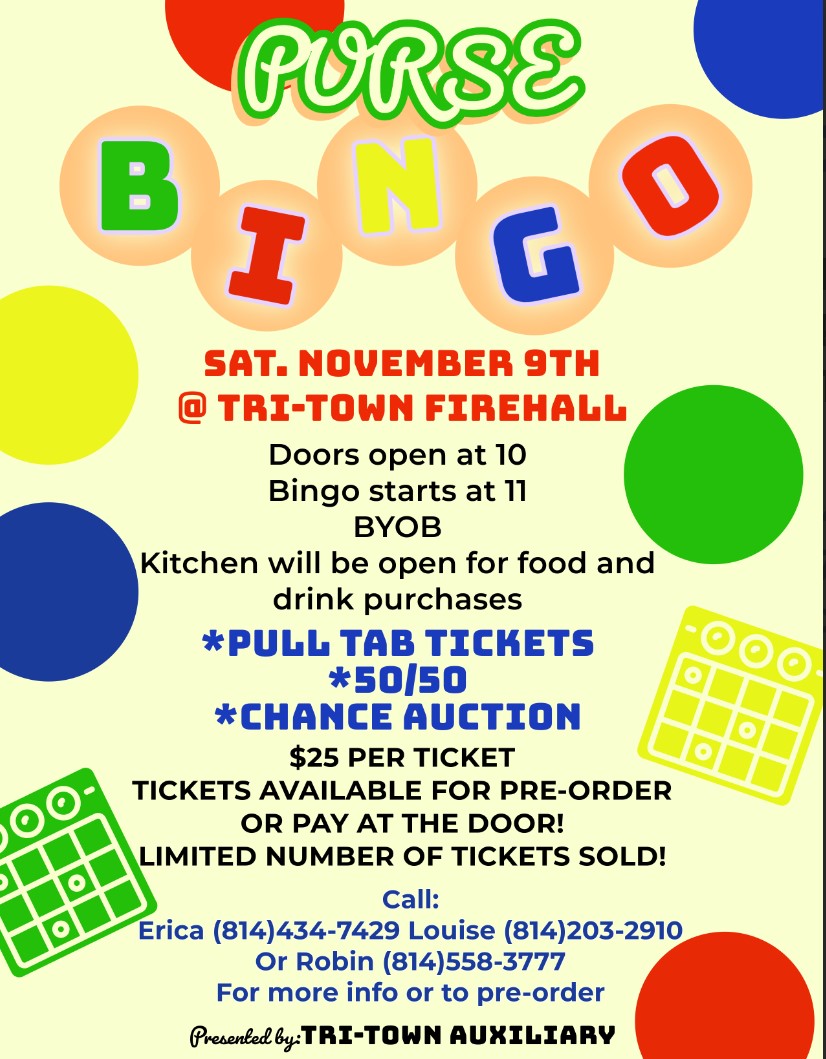 Purse Bingo November 9th At The Tri-Town Firehall – Solomon's Words for ...