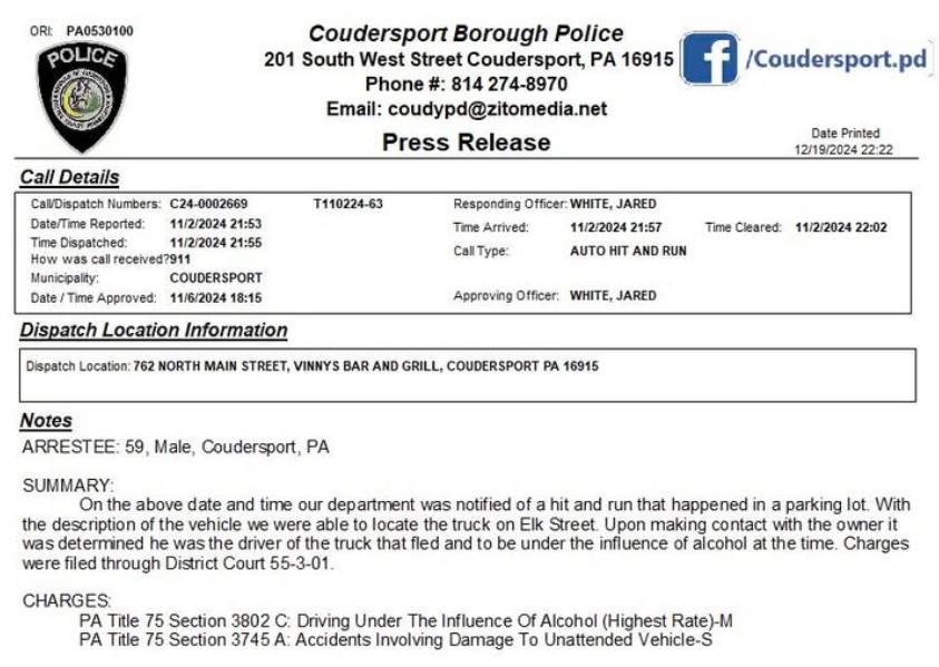 Hit And Run Crash Arrest In Coudersport – Solomon's Words for the Wise