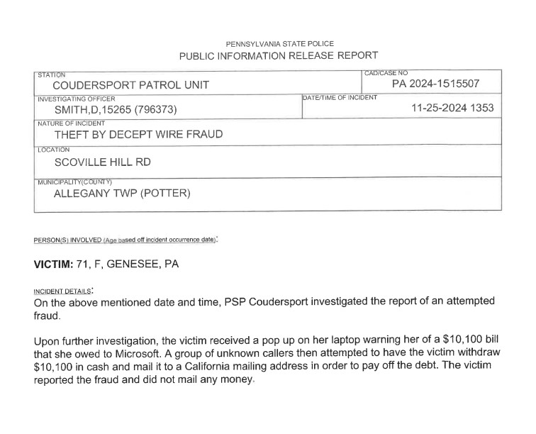 Attempted Theft By Pop Up Scam In Allegany Twp. – Solomon's Words for ...
