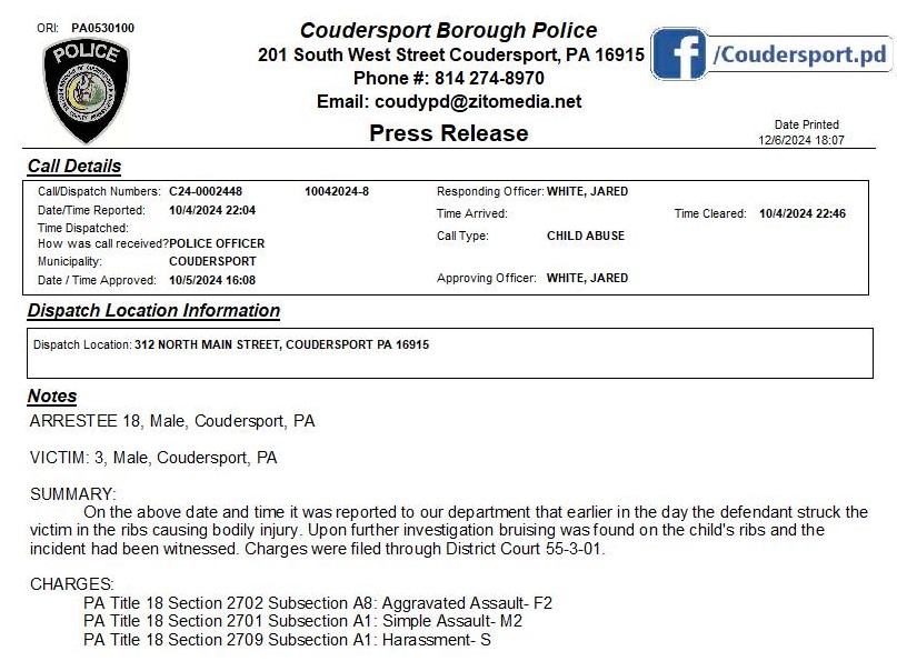 Coudersport Man Arrested For Assault – Solomon's Words for the Wise