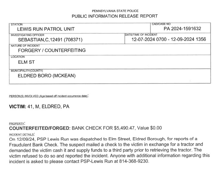 Lewis Run PSP Seeking Information For A Check Scam In Eldred Borough ...