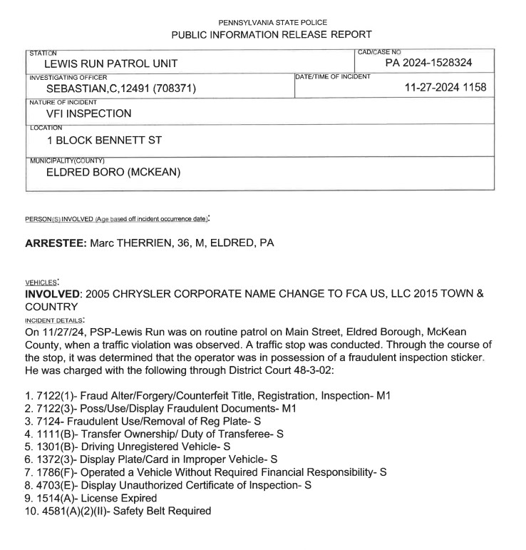 Fraudulent Inspection Sticker Arrest In Eldred Borough – Solomon's ...