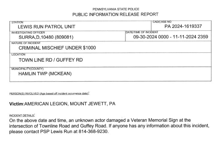 Lewis Run PSP Seeking information For Damaged American Legion Sign In ...