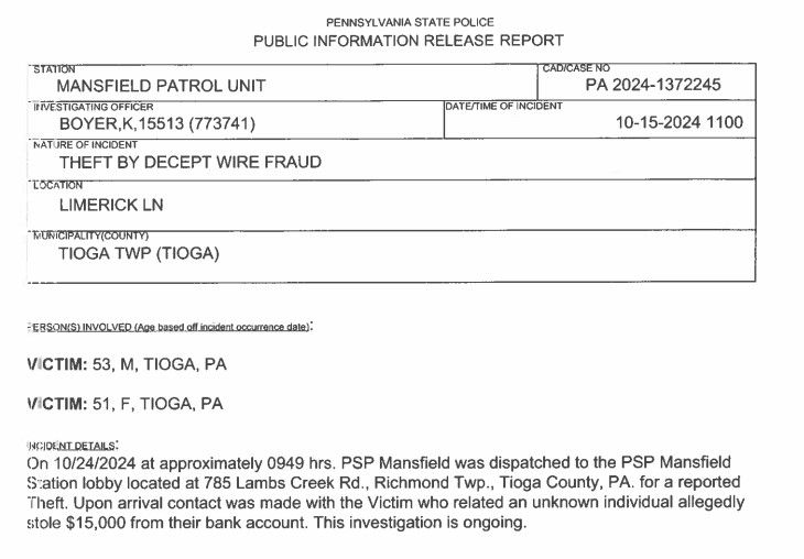 Mansfield PSP Investigating A Theft In Tioga Twp. – Solomon's Words for ...