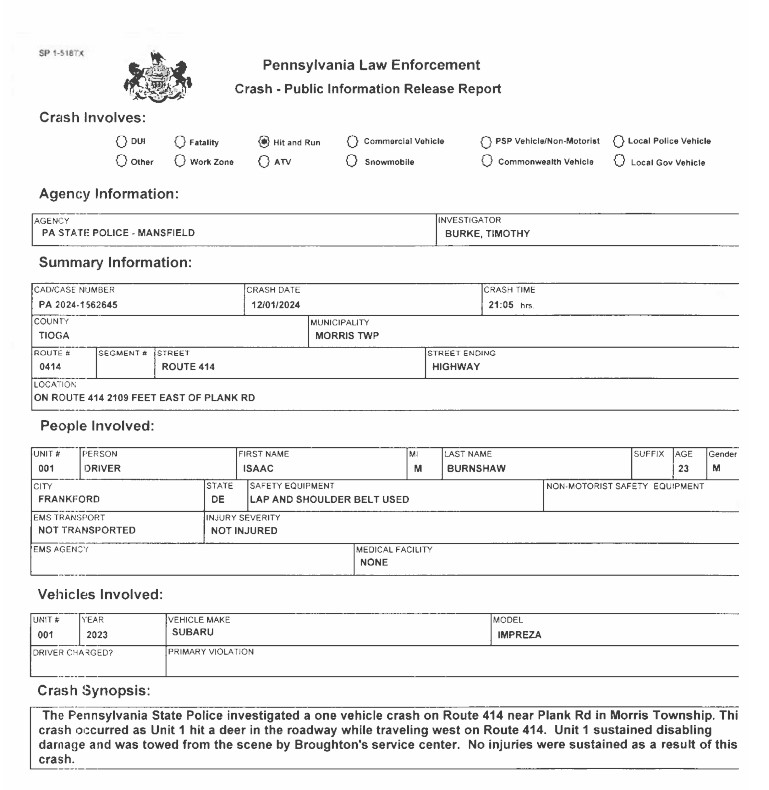 No Injuries And Disabling Damage In Car Vs. Deer Crash On Rt. 414 In ...