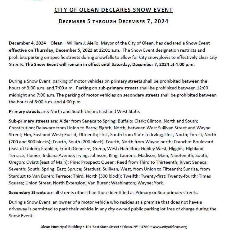 City Of Olean Declares Snow Event December 5 Through The 7th – Solomon ...