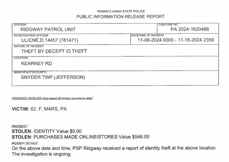 Identity Theft Investigation In Snyder Twp. – Solomon's Words for the Wise