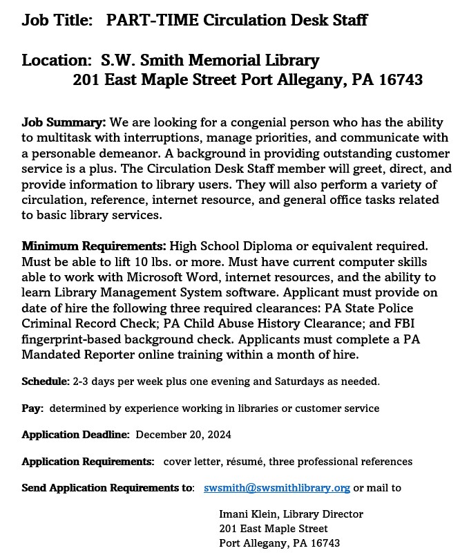 S.W. Smith Library Is Hiring Part-Time Circulation Desk Staff – Solomon ...