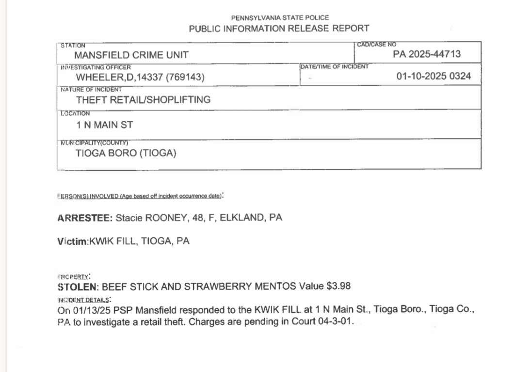 Retail Theft Arrest In Tioga Borough – Solomon's Words for the Wise