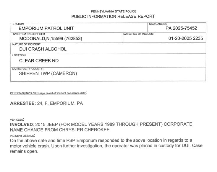 DUI Crash Arrest In Shippen Twp. – Solomon's Words for the Wise