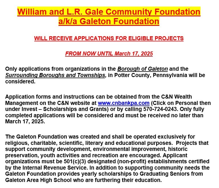 Galeton Foundation Is Accepting Applications For Projects – Solomon's ...