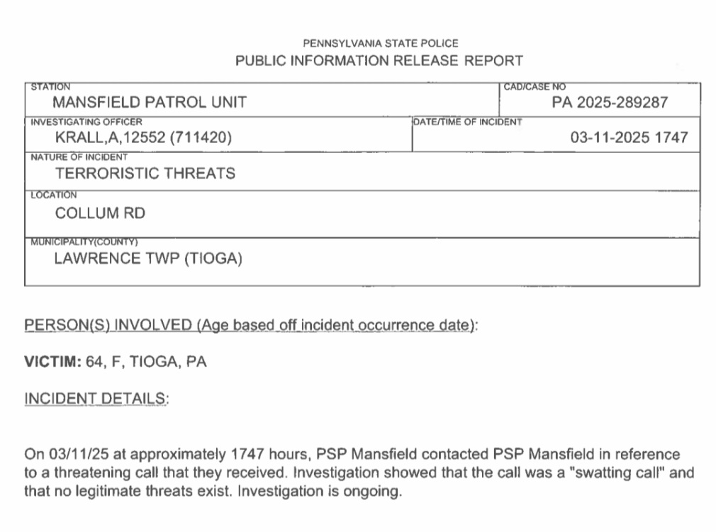 Mansfield PSP Investigating A Swatting Incident In Lawrence Twp ...