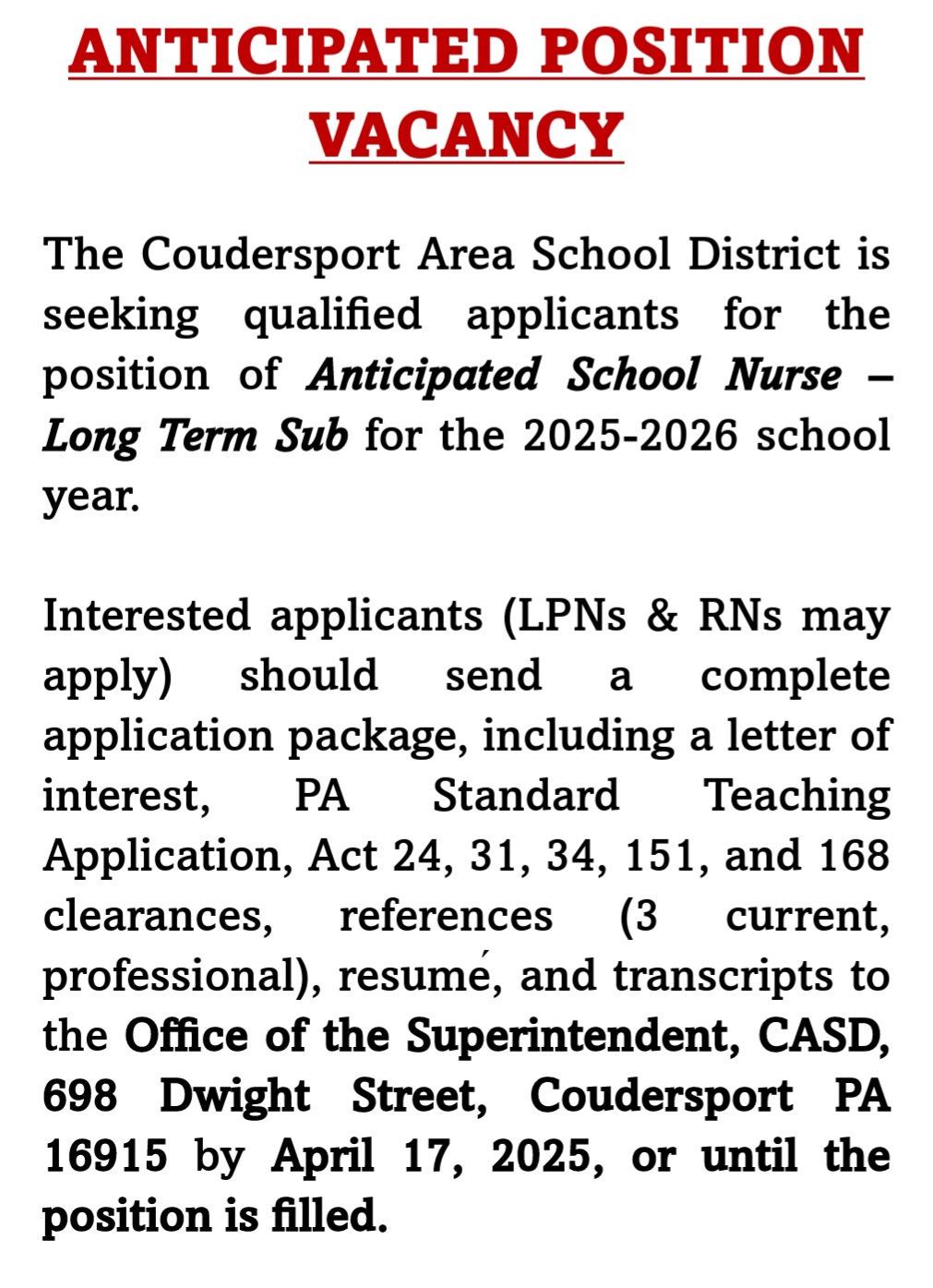 Coudersport Area School District Is Seeking Multiple Positions – Solomon's Words for the Wise