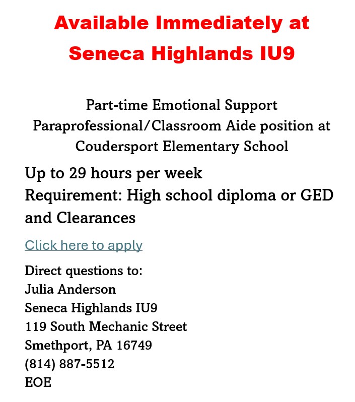 Seneca Highlands IU9 Is Hiring A Part-Time Classroom Aide – Solomon's ...