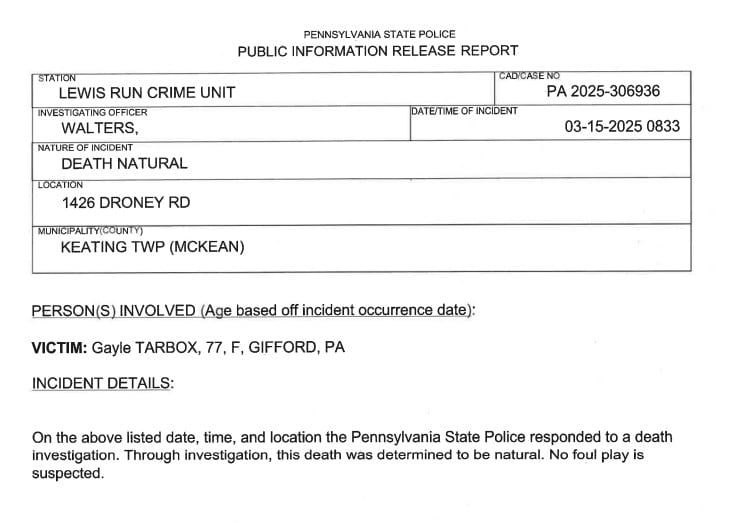 Death Ruled Natural In Keating Twp. – Solomon's Words for the Wise