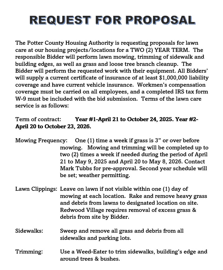 Potter County Housing Authority Lawn Care Proposals – Solomon's Words ...