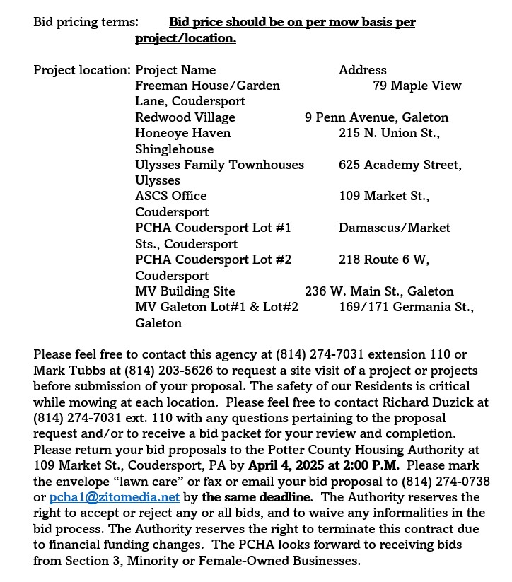 Potter County Housing Authority Lawn Care Proposals – Solomon's Words ...