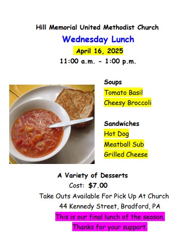 Hill Memorial United Methodist Church, Lunch Menu, April 16 – Solomon's ...