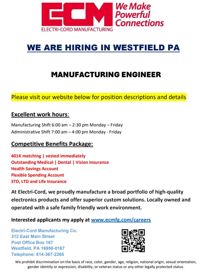 ECM Manufacturing In Westfield Is Hiring – Solomon's Words for the Wise